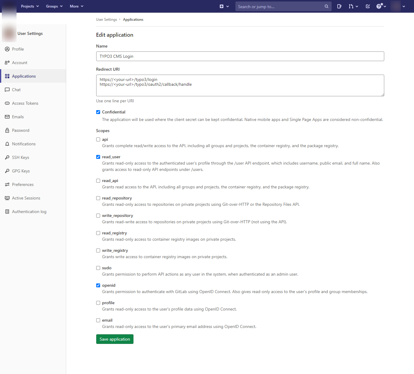 Configuration With Gitlab self hosted TYPO3 OAuth2 Login Client